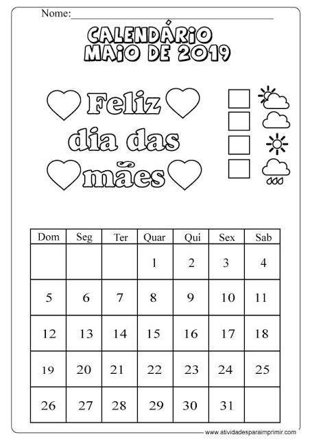 Calendário de maio Atividades para imprimir Calendário maio