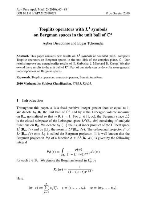 pdf toeplitz operators with l 1 symbols on bergman spaces in the unit ball of ℂ n