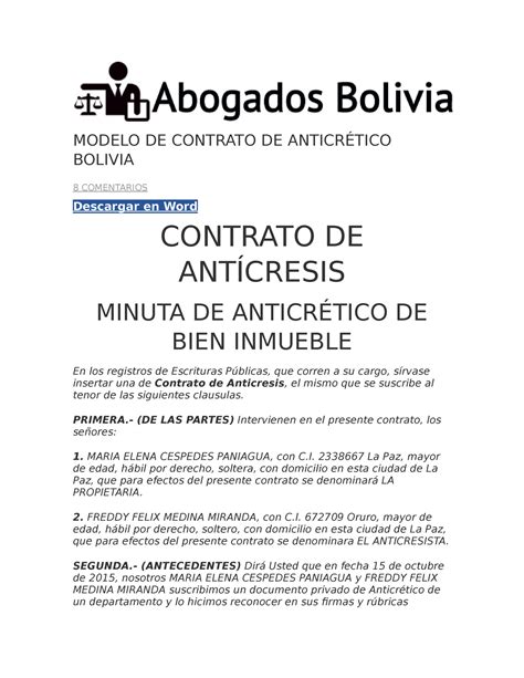 Contrato DE Anicrético MODELO DE CONTRATO DE ANTICRÉTICO BOLIVIA 8