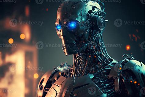 Futuristic Humanoid Robot In Virtual World Stock Photo At