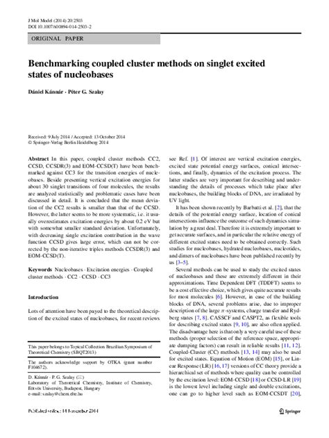 pdf benchmarking coupled cluster methods on singlet excited states of nucleobases dániel