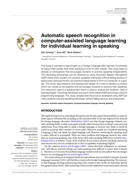 pdf automatic speech recognition in computer assisted language learning for individual