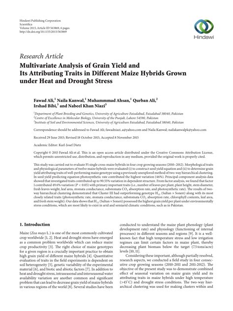 pdf multivariate analysis of grain yield and its attributing traits in different maize hybrids