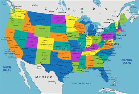 Colorido Mapa Político De Estados Unidos De América Con Capas