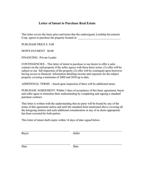 Letter Of Intent Real Estate Template Word