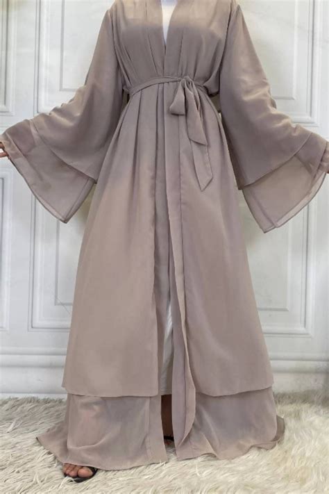 Open Chiffon Layered Abaya With Belt Large Beige Artofit