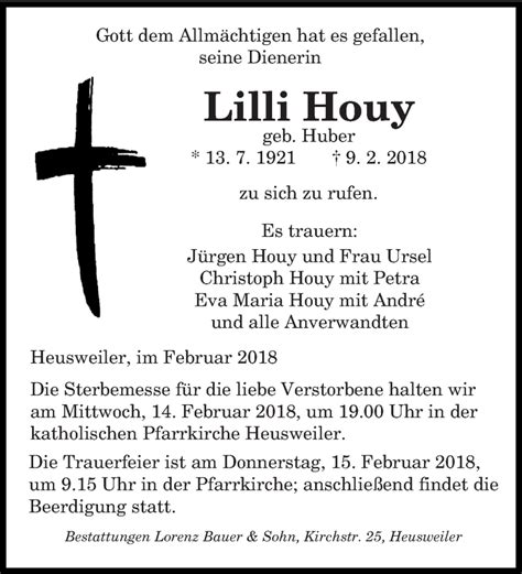 Traueranzeigen Von Lilli Houy Saarbruecker Zeitung Trauer De