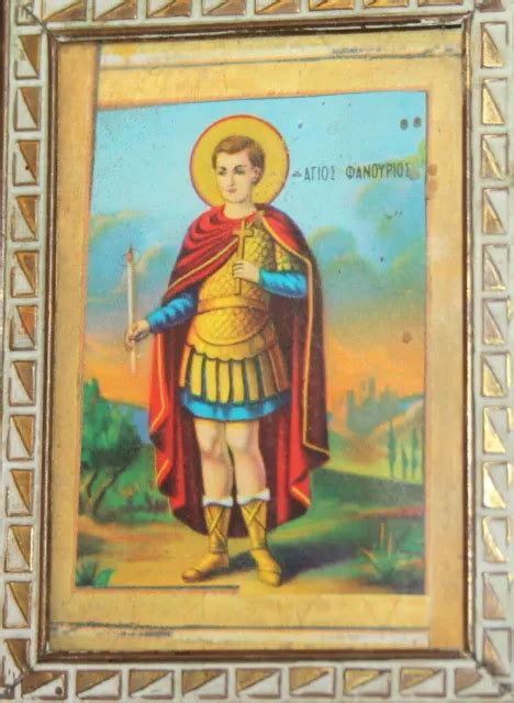 ICÔNE GRECQUE ORTHODOXE en petits caractères vintage Saint Phanourios