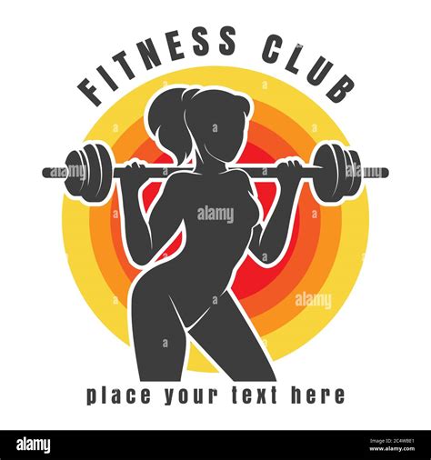 Fitness Club Or Gym Emblem Athletic Woman Silhouette With Barbell