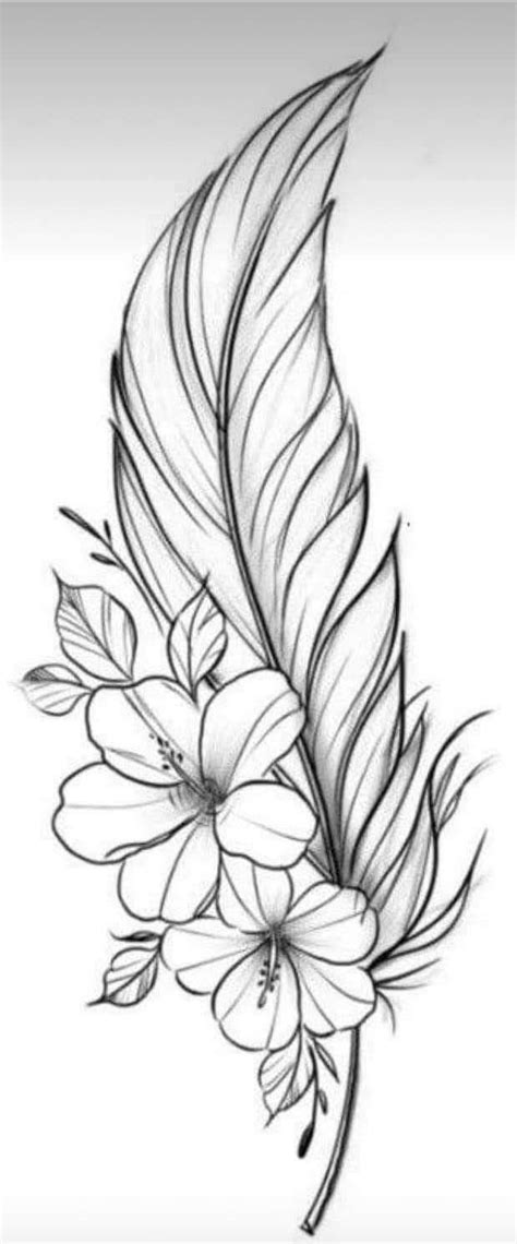 A Drawing Of A Feather With Flowers On It