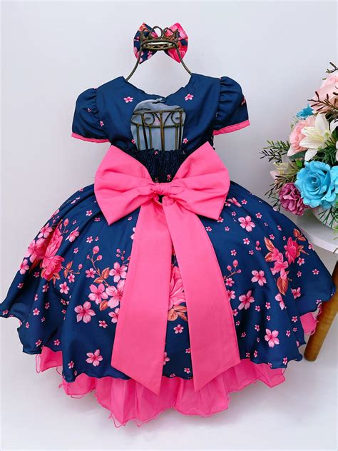 Vestido Infantil Azul Marinho Florido Broche e Laço Luxo Rosa