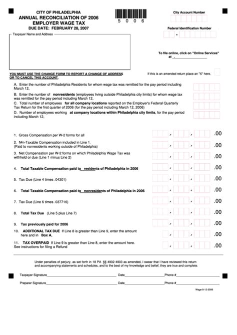 Annual Reconciliation Of 2006 Employer Wage Tax Form City Of