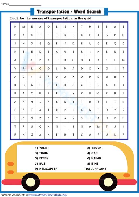 Transportation Word Search Worksheet