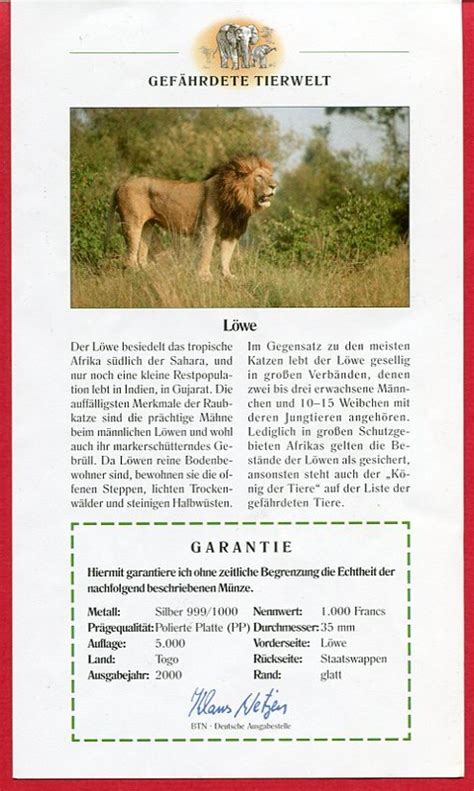 Togo 1000 Francs Silbermünze 2000 Löwe Gefährdete Tierwelt