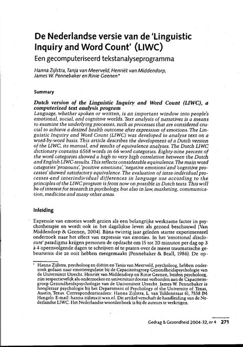 pdf de nederlandse versie van de linguistic inquiry and word count liwc een