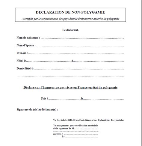 Attestation Sur L Honneur De Non Polygamie déclaration sur l honneur