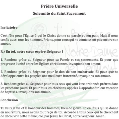 Pri Re Universelle De Notre Dame De Clermont Pour La Solennit Du Saint