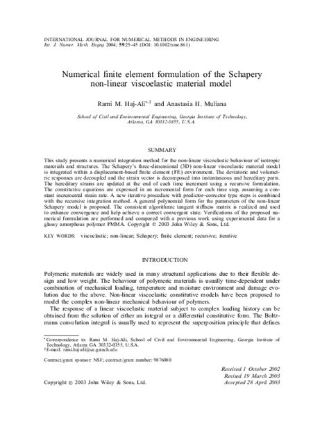pdf numerical finite element formulation of the schapery non linear viscoelastic material