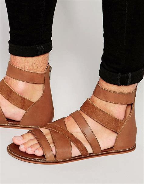 Asos Gladiator Sandals In Tan Leather At Asos Mens Sandals