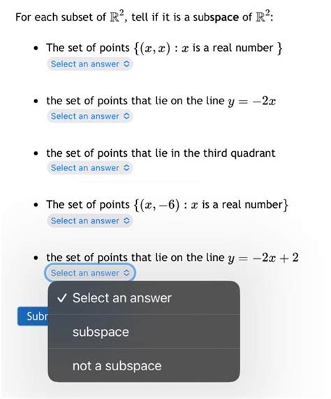 solved for each subset of r2 tell if it is a subspace of r2