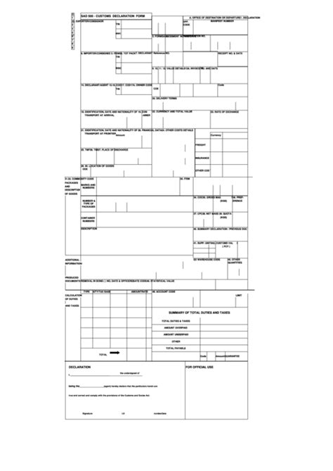 Airline Customs Declaration Form Printable