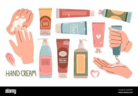Hand Cream Set Close Up Set Of Woman Hands Apply Cream From Tube