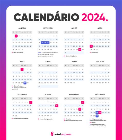 Calendário 2024 datas de feriados e pontos facultativos do ano
