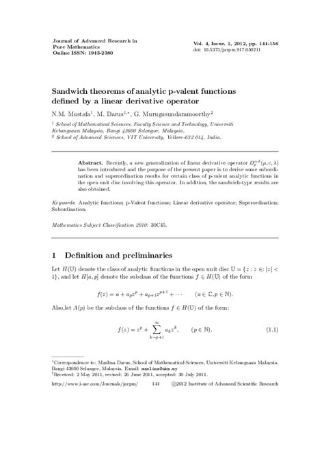 pdf sandwich theorems of analytic p valent functions defined by a linear derivative operator