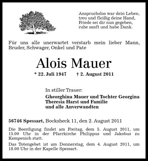 Traueranzeigen Von Alois Mauer Rz Trauer De