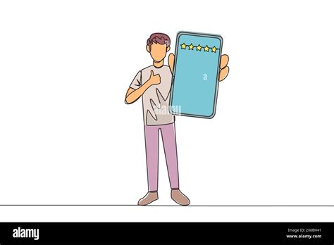 Single Continuous Line Drawing Happy Man Standing Holding Smartphone