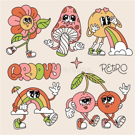 Groovy Hippie Retro Junk Food And Drinks Stickers Set Cute Vintage