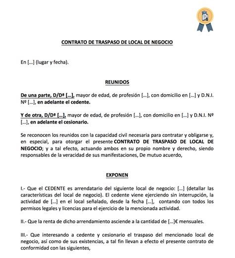 Modelo De Contrato De Traspaso De Local De Negocio