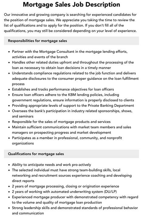 Mortgage Sales Job Description Velvet Jobs