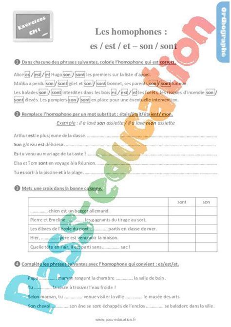 Les homophones et es est son sont au Cm1 Exercices révisions