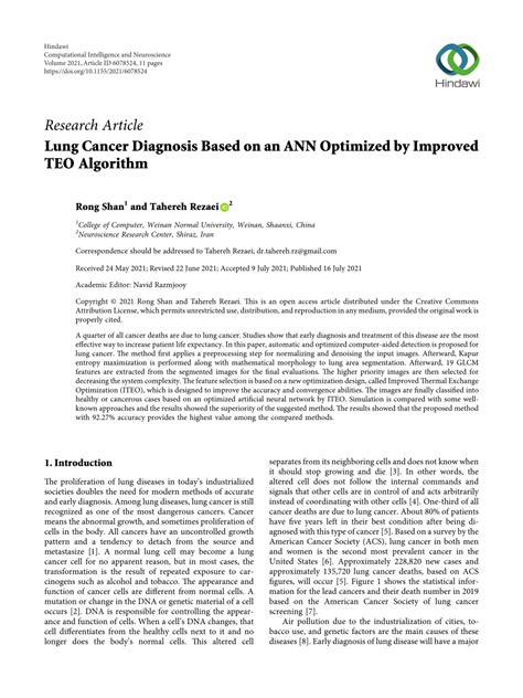 pdf lung cancer diagnosis based on an ann optimized by improved teo algorithm