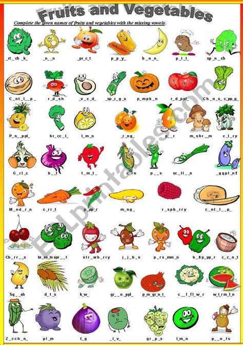 Complete Names Of Fruits And Vegetables With Missing Vowels ESL