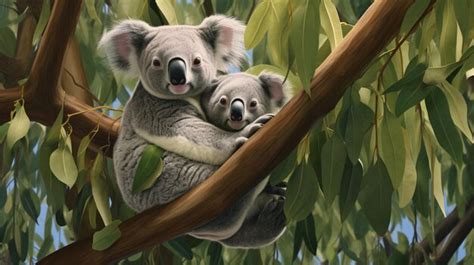 Premium Photo Mother Koala With Baby On Her Back On Eucalyptus Tree