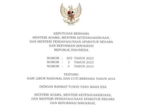 Surat Keputusan Bersama SKB Hari Libur Nasional Dan Cuti Bersama 2024