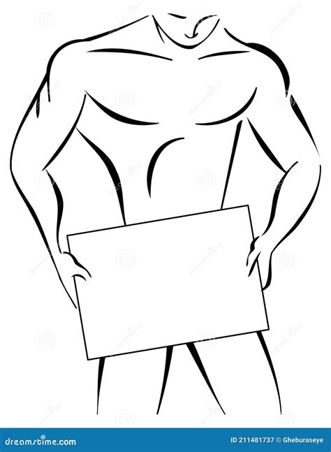 Naked Man With Placard On Intimate Areas Stylized Isolated Stock