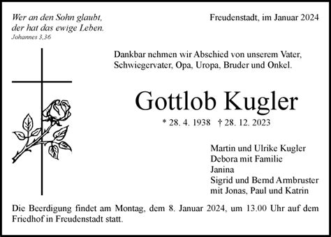 Traueranzeigen von Gottlob Kugler Schwarzwälder Bote Trauer