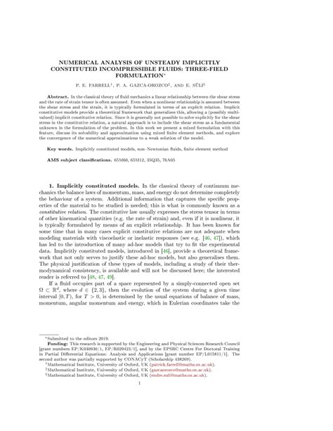 pdf numerical analysis of unsteady implicitly constituted incompressible fluids three field