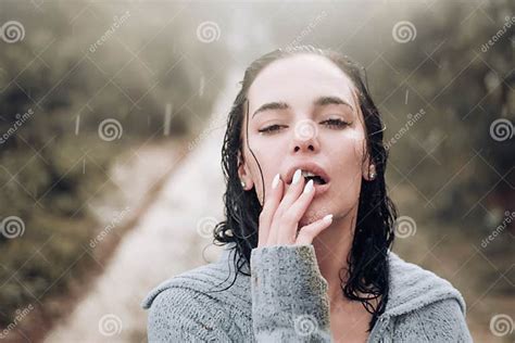 Sensual Woman Standing Under The Rain Screaming And Enjoying Portrait Of Young Beautiful Woman