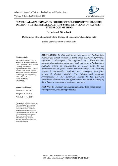 pdf numerical approximation for direct solution of third order ordinary differential equations