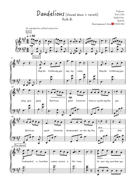Dandelions Arr Yoja Hsu By Ruth B Sheet Music For Easy Piano At
