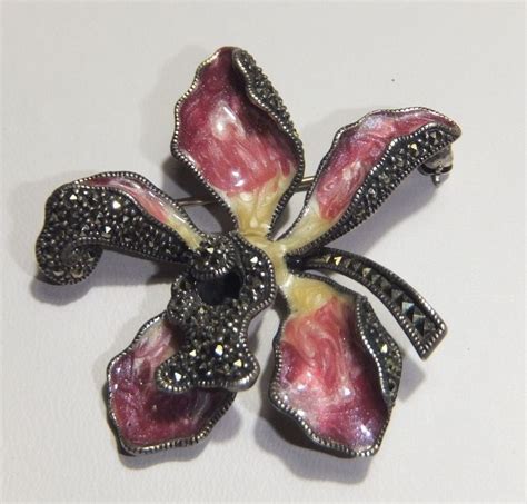 Judith Jack Sterling Silver Enamel Marcasite Vintage Iris Flower Brooch