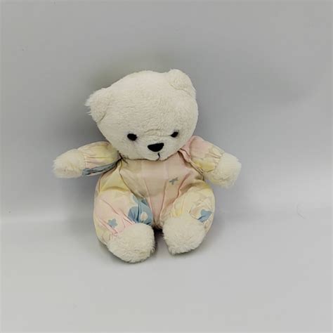 Ancien Doudou Peluche Ours Blanc Rose Bleu Jaune Beige Fleurs