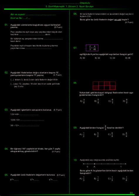 5 Sınıf Matematik 5 Sınıf Matematik1 Dönem 2 Yazılı Karma 2022 2023