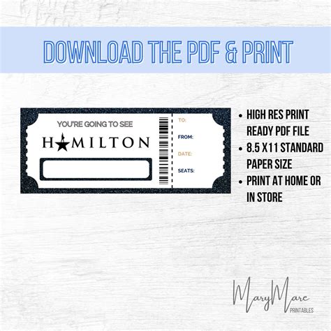 Hamilton Ticket Print Broadway Easy Print Ticket Surprise Show Ticket