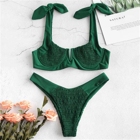ZAFUL Shirred Underwire Bikini 2019 V Cut Bikini Set Scoop Neck Unlined