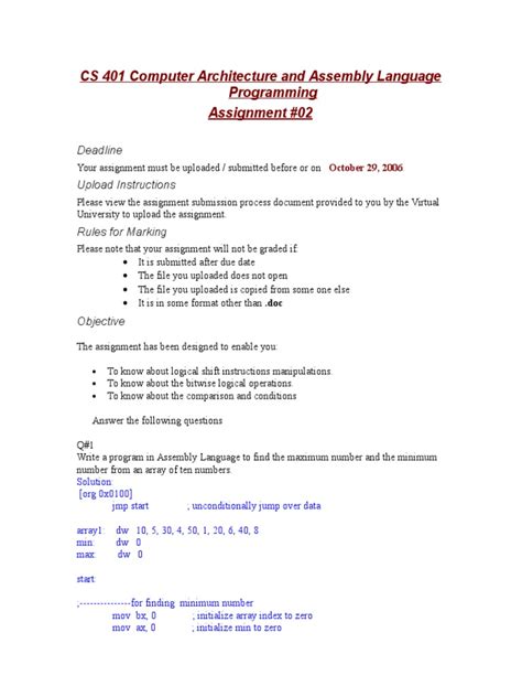 computer architecture and assembly language programming cs401 fall 2006 assignment 02 solution